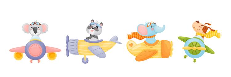Cute baby animals pilot flying plane set Vector Image