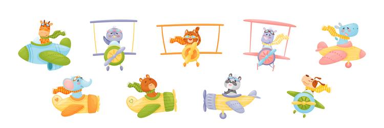 Cute baby animals pilot flying plane set Vector Image