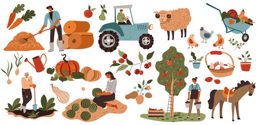 Farm set farmers working Royalty Free Vector Image