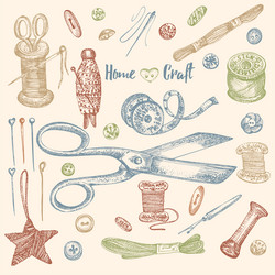 Set of hand-drawn vintage sewing tools sew Vector Image