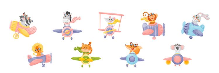 Cute baby animals pilot flying plane set Vector Image