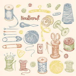 Set of hand-drawn vintage sewing tools sew Vector Image