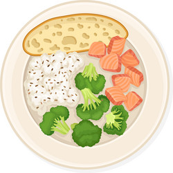 Rice and fish served on flat plate with lettuce Vector Image