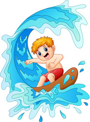 Little boy surfing on a big wave Royalty Free Vector Image