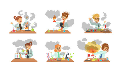 Children scientist at table with exploded flask Vector Image