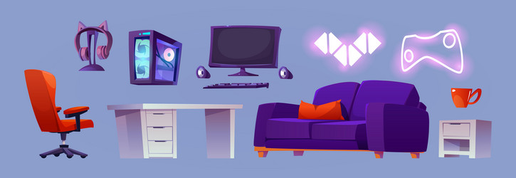 Gamer room design elements isolated on background Vector Image