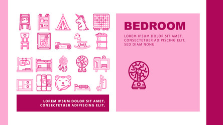 Bedroom room kid interior icons set Royalty Free Vector