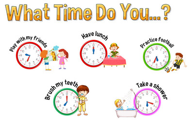 Daily routine with time and cartoon characters Vector Image