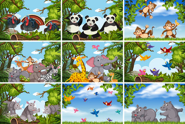 Cute set animals in jungle scene Royalty Free Vector Image