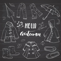 Autumn season clothes set hand drawn doodles Vector Image