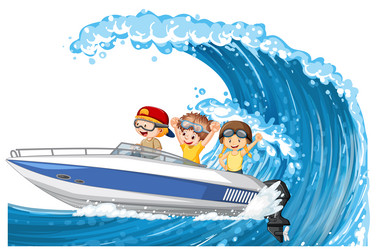 Young boy driving boat with his friends Royalty Free Vector