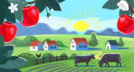 Apple tree and village cows in farm field with Vector Image