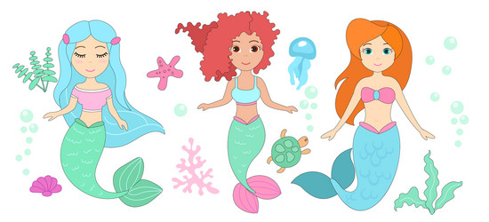 Beautiful set with mermaids in cartoon style Vector Image
