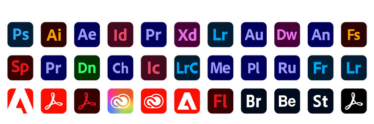 Popular adobe logos editorial icons Royalty Free Vector