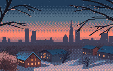 Winter pixel art mountain landscape in 8-bit Vector Image