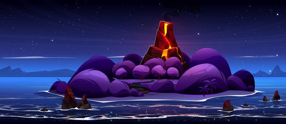 Night volcano island in ocean background Vector Image