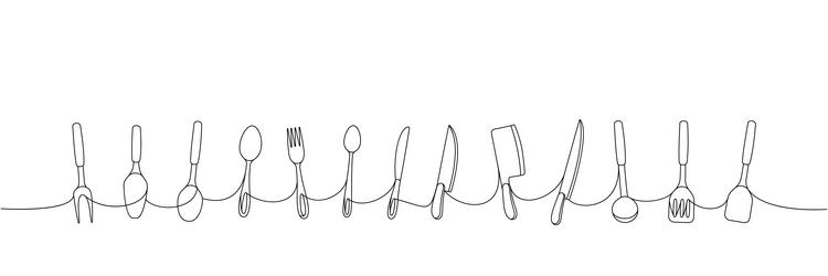 Kitchen utensils one line colored continuous Vector Image