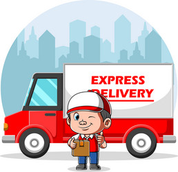 Cartoon delivery courier holding cardboard boxes Vector Image