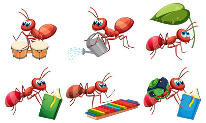 Cute ants doing different activities Royalty Free Vector