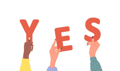 Group of different female hands holding red word Vector Image