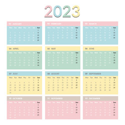 Calendar for 2023 week starts monday Royalty Free Vector
