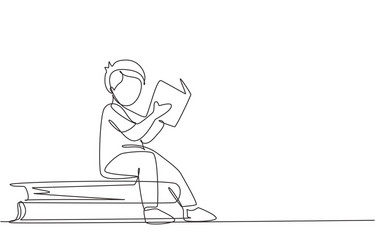 Single one line drawing little boy reading Vector Image