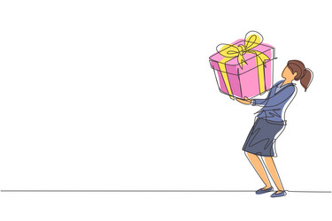 Continuous one line drawing happy woman carrying Vector Image