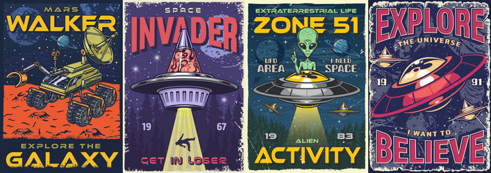Space alien set monochrome flyers Royalty Free Vector Image