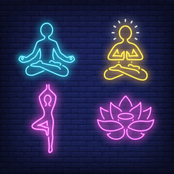 Meditation neon icons Royalty Free Vector Image