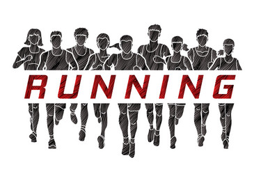 Group of people running with text running marathon