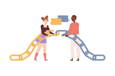 Woman character joining chain part having Vector Image