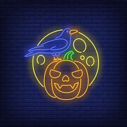 Cute crow and moon neon sign Royalty Free Vector Image