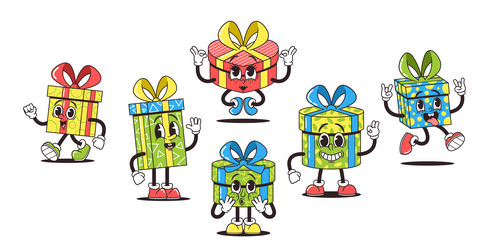 Retro groovy style gift box characters vibrant Vector Image