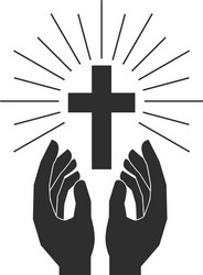 Hands with shining holy cross design element Vector Image