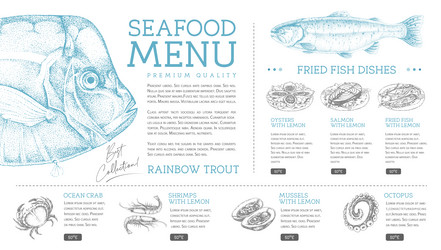 Seafood restaurant menu template hand drawn fish Vector Image