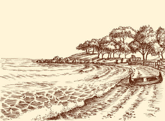 Boat on sea shore hand drawing empty beach Vector Image