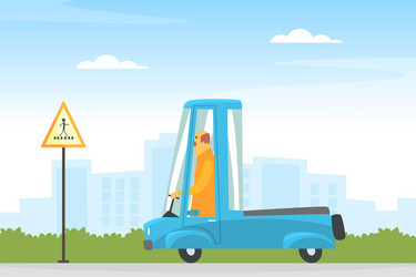 Man driving van along city road Royalty Free Vector Image