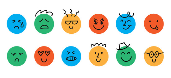 Fun emoji icon set emoticon doodle faces emotions Vector Image