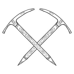 Hand drawn crossed ice axes with mountains logo Vector Image