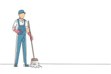 Single one line drawing young man mopping floor Vector Image