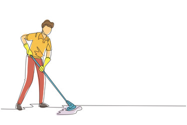 Single continuous line drawing man mopping floor Vector Image