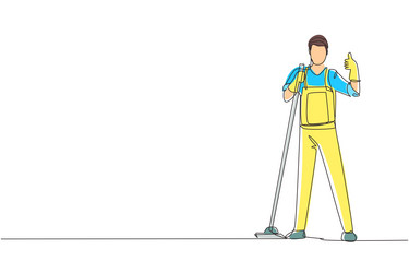 Single one line drawing young man mopping floor Vector Image