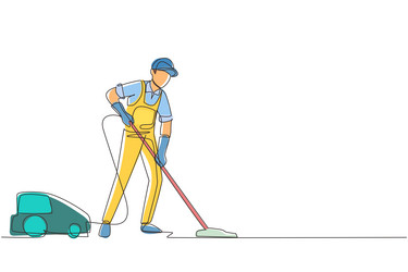 Single one line drawing man mopping floor Vector Image