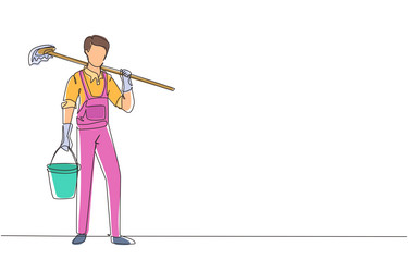Single one line drawing man mopping floor Vector Image
