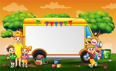 Border template with boys at night landscape Vector Image