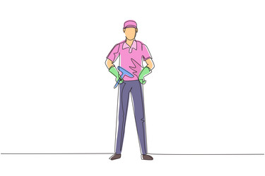 Continuous one line drawing man janitors cleaners Vector Image