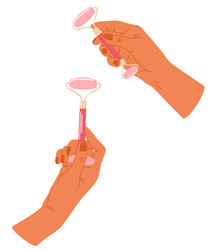 Womens hands holding cosmetic product set quartz Vector Image