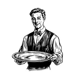 Waiter drawing isolated hand drawn engraved style Vector Image