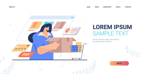 Woman ordering goods in computer app fast delivery