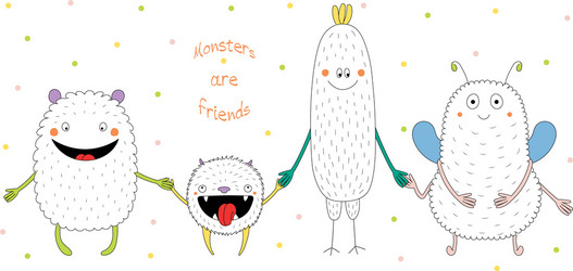 Cute monsters holding hands Royalty Free Vector Image